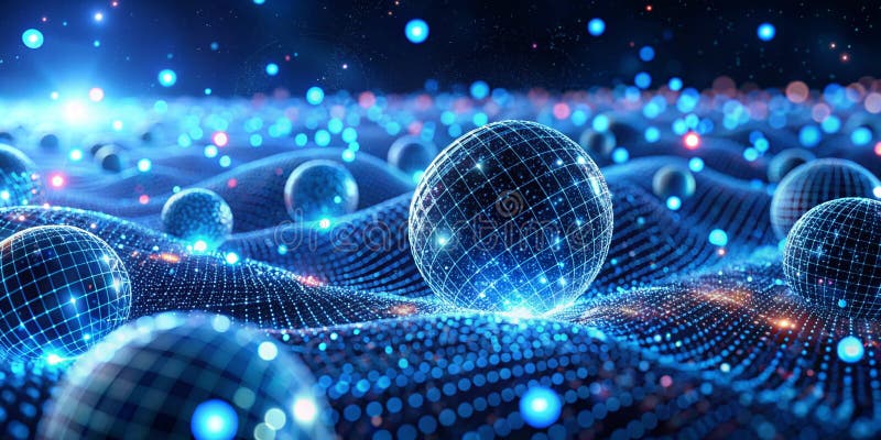 Futuristic Sci-Fi Glowing Particles and Blue Spheres Stock Illustration ...