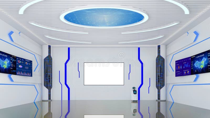 Futuristic Sci-Fi Hallway Interior with Smart Robot and Monitor Screen ...