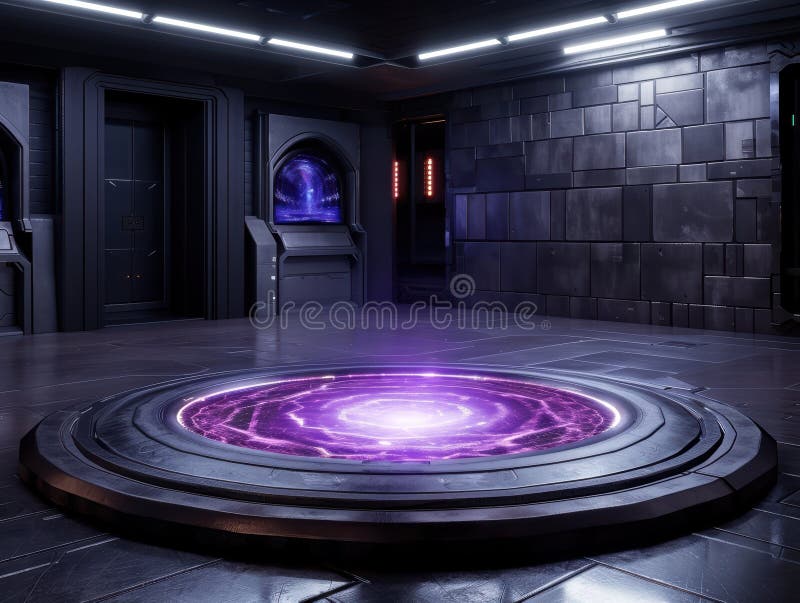 Futuristic Sci-fi Interior with Glowing Portal Stock Illustration ...