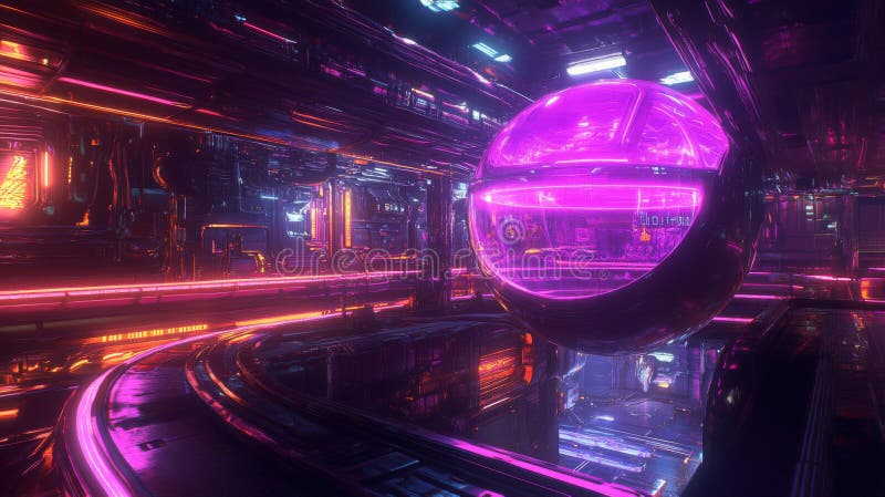 Futuristic Sci-Fi Interior with Glowing Sphere and Neon Lights Stock ...