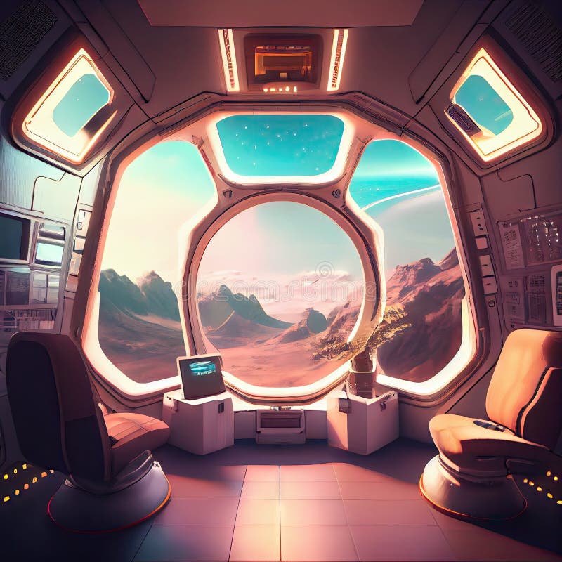 Futuristic Sci-fi Interior of Spaceship with Huge Panoramic Windows ...