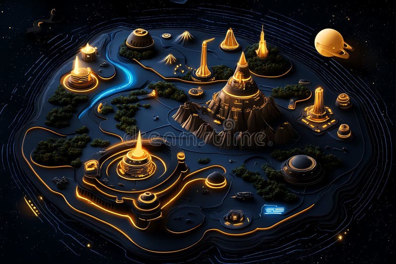 Futuristic Sci-fi Landscape with Illuminated Structures, Rivers, and ...