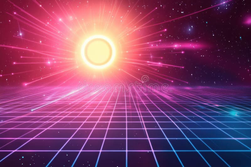 Futuristic Sci-fi Landscape with Retro Synthwave Sun and Galactic Grid ...