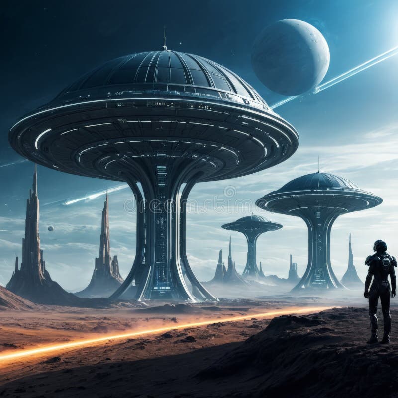 Futuristic Sci-fi Landscape with Space Structures Stock Illustration ...