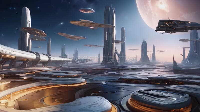 Futuristic Sci-Fi Landscape with Spaceships and Towering Structures ...
