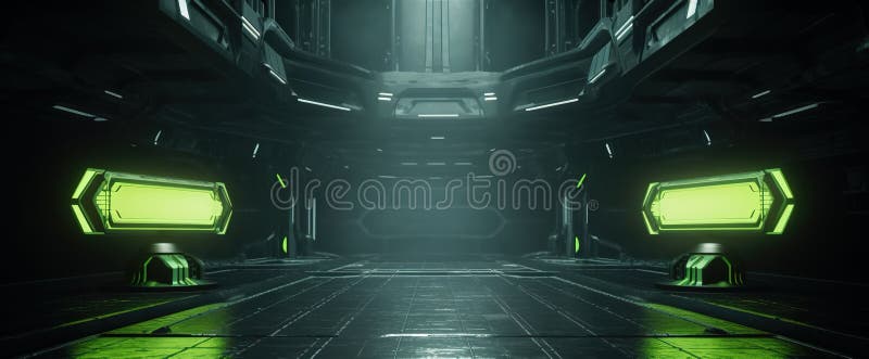 Futuristic Sci Fi Modern Empty Big Hall Dark Alien Garage. Space for ...