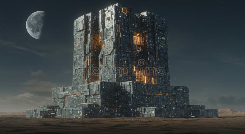 Futuristic Sci-fi Monolithic Structure Under Moonlit Sky in Desert ...