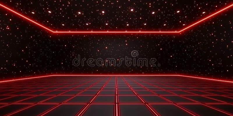 Futuristic Sci Fi Room Red Neon Grid Floor Starry Night Ceiling 3D ...