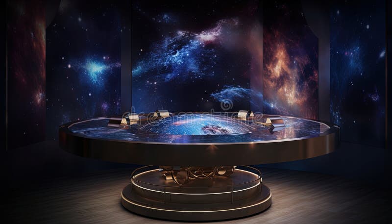 Futuristic Sci-fi Round Table with Displays, Lights and Galaxy in the ...