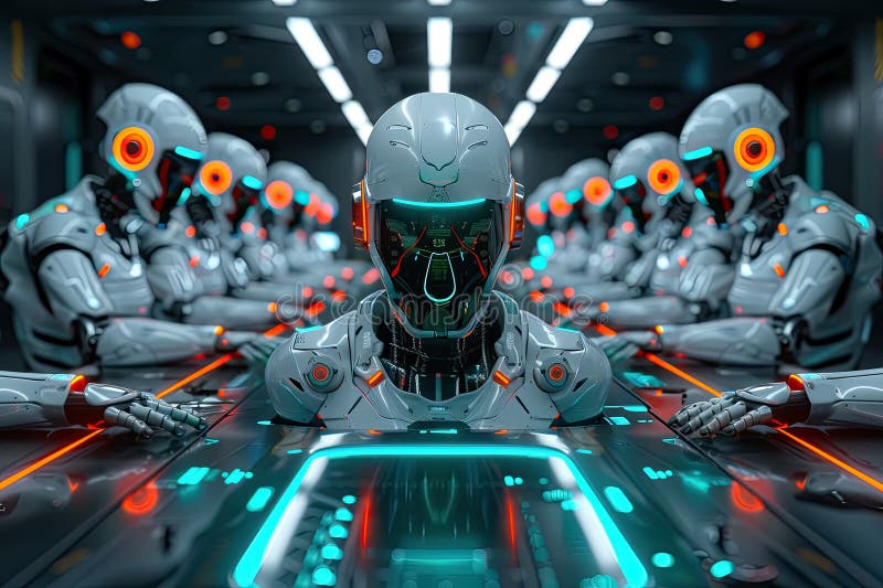 A Futuristic Sci-fi Scene Featuring Humanoid Robots with Glowing Neon ...