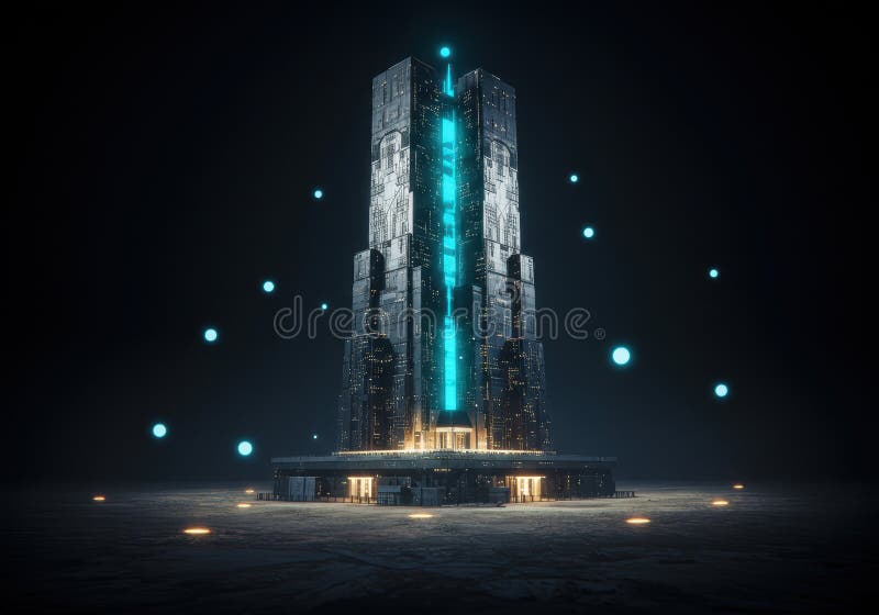 Futuristic Sci-fi Skyscraper with Glowing Neon Lights in a Nightscape ...