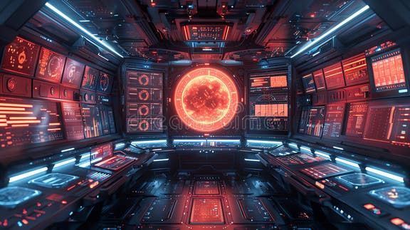 Futuristic Sci-fi Spaceship Control Room with Glowing Orange Interface ...