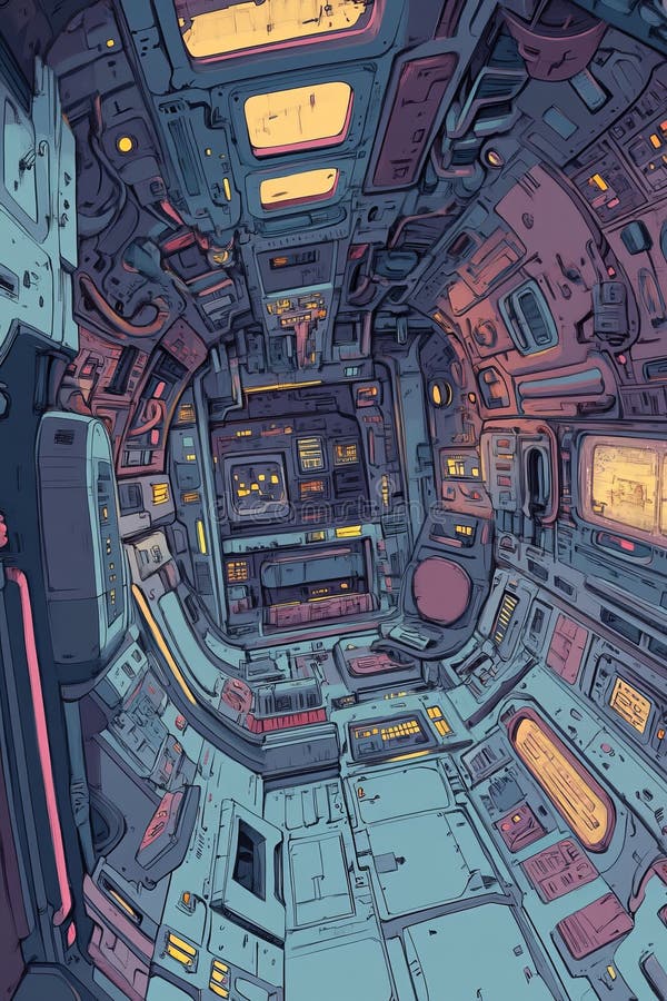 Futuristic Sci-Fi Spaceship Interior with Complex Control Panels and ...