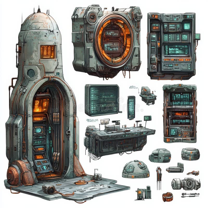 Futuristic Sci Fi Spaceship Modules and Components Stock Illustration ...
