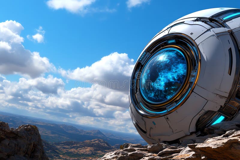 Futuristic Sci-fi Sphere on a Rocky Terrain Under a Cloudy Sky ...