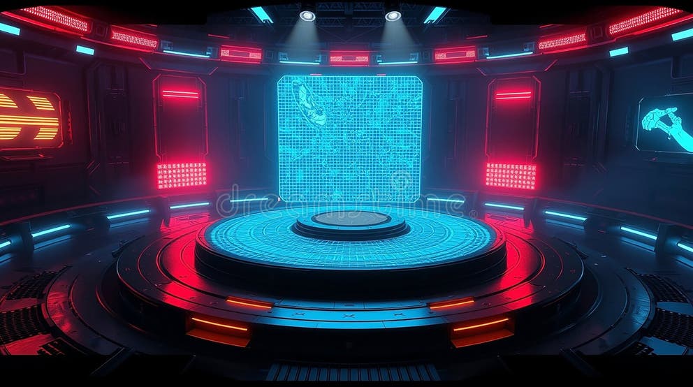 Futuristic Sci-Fi Stage with Glowing Blue Grid and Holographic Display ...
