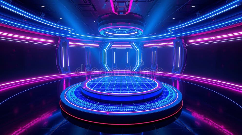 Futuristic Sci-Fi Stage with Glowing Blue Grid and Holographic Display ...