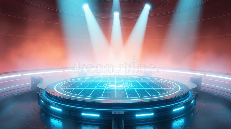 Futuristic Sci-Fi Stage with Glowing Blue Grid and Holographic Display ...
