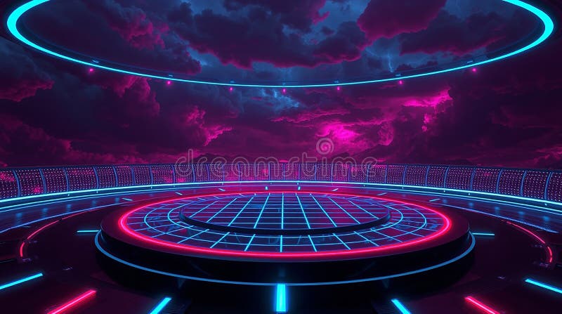 Futuristic Sci-Fi Stage with Glowing Blue Grid and Holographic Display ...