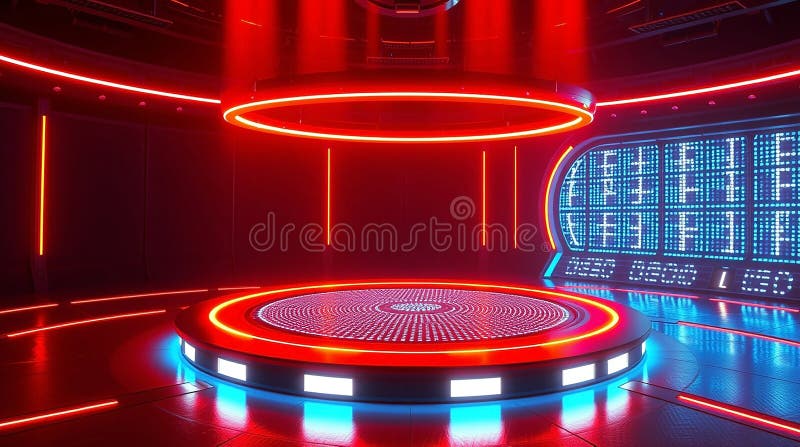 Futuristic Sci-Fi Stage with Glowing Blue Grid and Holographic Display ...