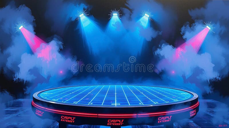 Futuristic Sci-Fi Stage with Glowing Blue Grid and Holographic Display ...