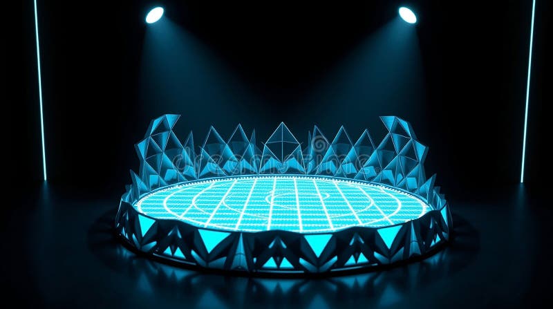 Futuristic Sci-Fi Stage with Glowing Blue Grid and Holographic Display ...