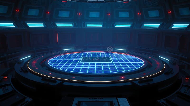 Futuristic Sci-Fi Stage with Glowing Blue Grid and Holographic Display ...