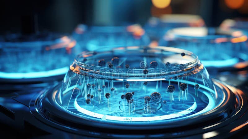 Futuristic Science Experiment with Glowing Glass Vessels and Suspended ...