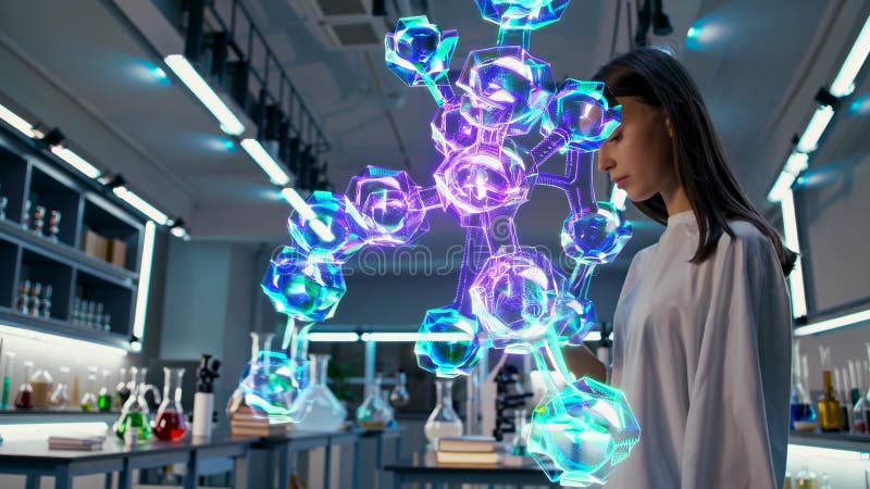 Futuristic Science Experiment: Woman Interacting with Glowing Molecular ...