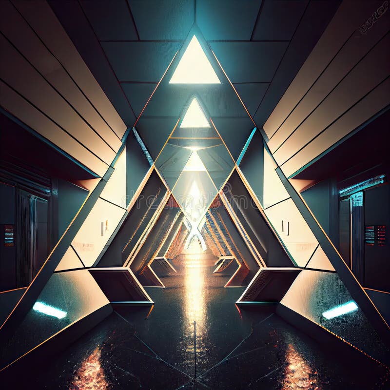 Futuristic Science Fiction Corridor with Triangular Ceiling in Space ...