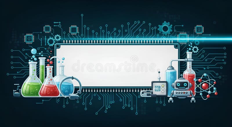 Futuristic Science Lab: Beakers, Robot, and Circuitry Frame with Blank ...