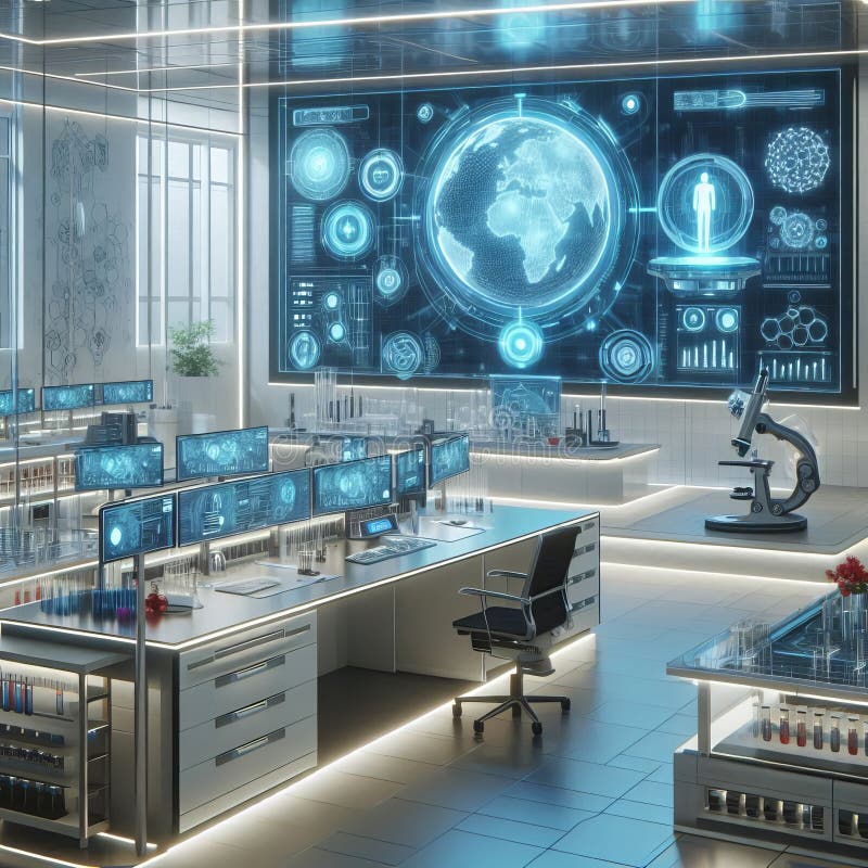 Futuristic Science Lab with Digital Global Interface on Large Screen ...