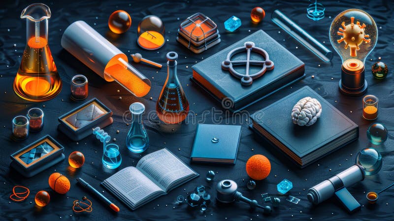 Futuristic Science Lab Setup Featuring Microscope, Atom Model, and ...