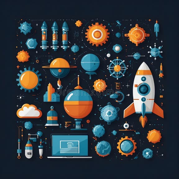 Futuristic Science and Technology Icons Featuring Rocket, Robot, Cloud, and Quantum Computer ...