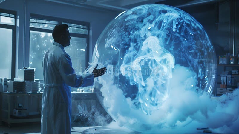 Futuristic Scientist Interacts with a Holographic Globe in a High-tech ...