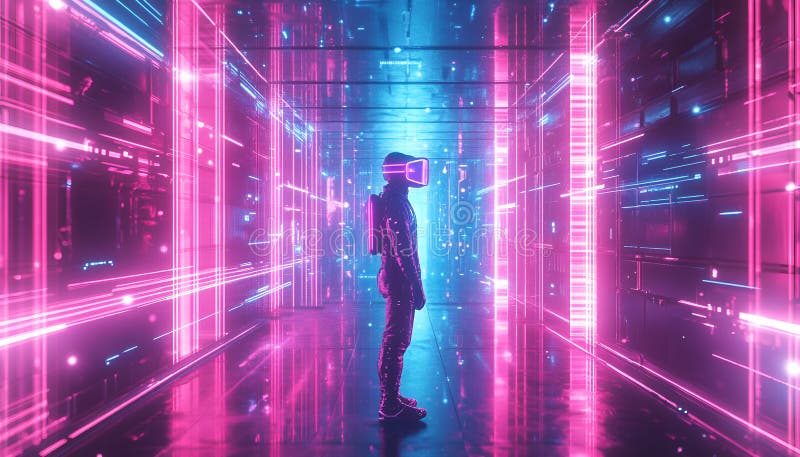 Futuristic Scientist in Protective Suit Wearing VR Headset in High-Tech ...