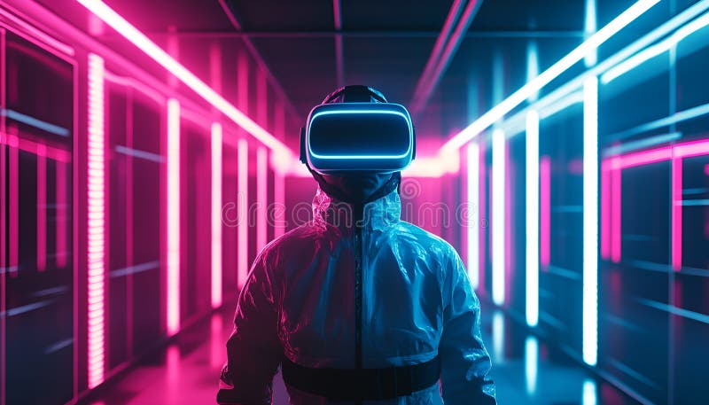 Futuristic Scientist in Protective Suit Wearing VR Headset in High-Tech ...