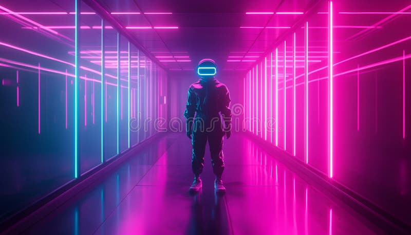 Futuristic Scientist in Protective Suit Wearing VR Headset in High-Tech ...