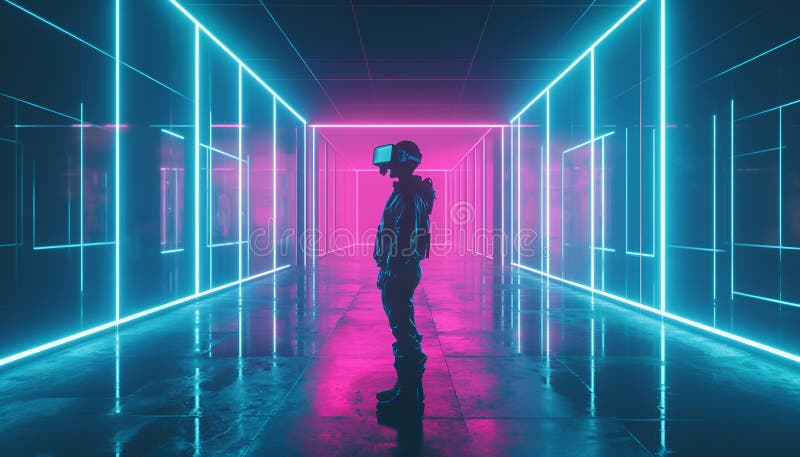 Futuristic Scientist in Protective Suit Wearing VR Headset in High-Tech ...