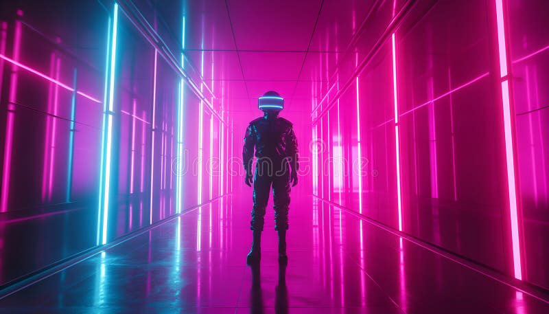 Futuristic Scientist in Protective Suit Wearing VR Headset in High-Tech ...