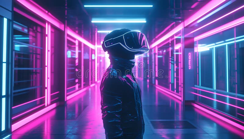 Futuristic Scientist in Protective Suit Wearing VR Headset in High-Tech ...