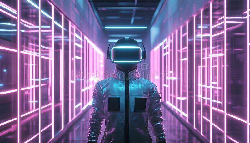 Futuristic Scientist in Protective Suit Wearing VR Headset in High-Tech ...