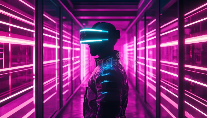 Futuristic Scientist in Protective Suit Wearing VR Headset in High-Tech ...