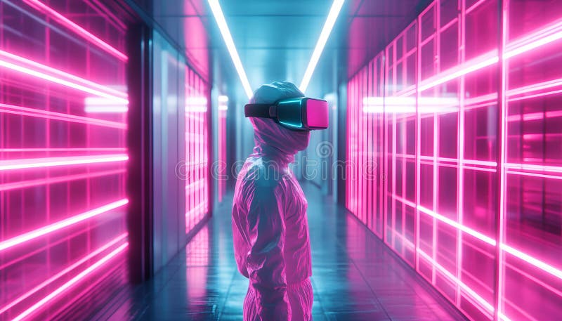 Futuristic Scientist in Protective Suit Wearing VR Headset in High-Tech ...