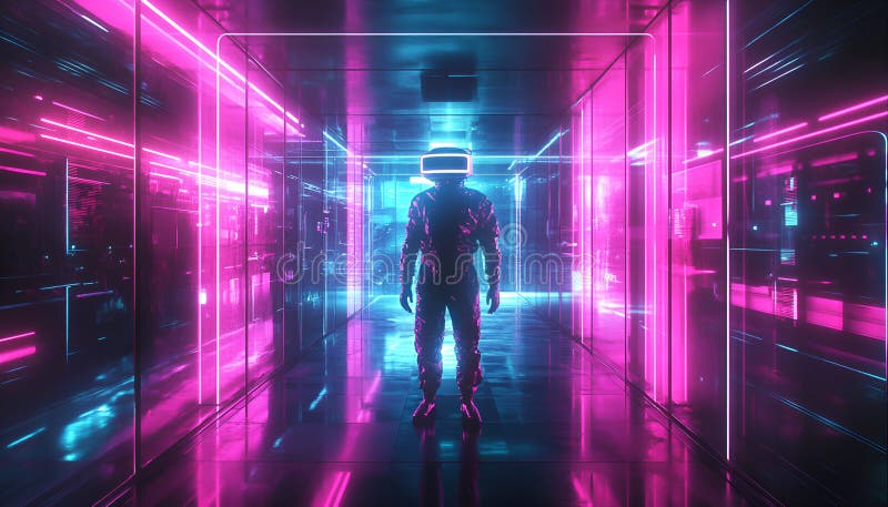 Futuristic Scientist in Protective Suit Wearing VR Headset in High-Tech ...