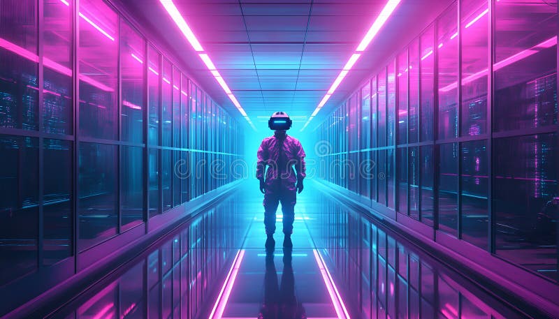 Futuristic Scientist in Protective Suit Wearing VR Headset in High-Tech ...