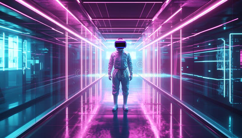 Futuristic Scientist in Protective Suit Wearing VR Headset in High-Tech ...