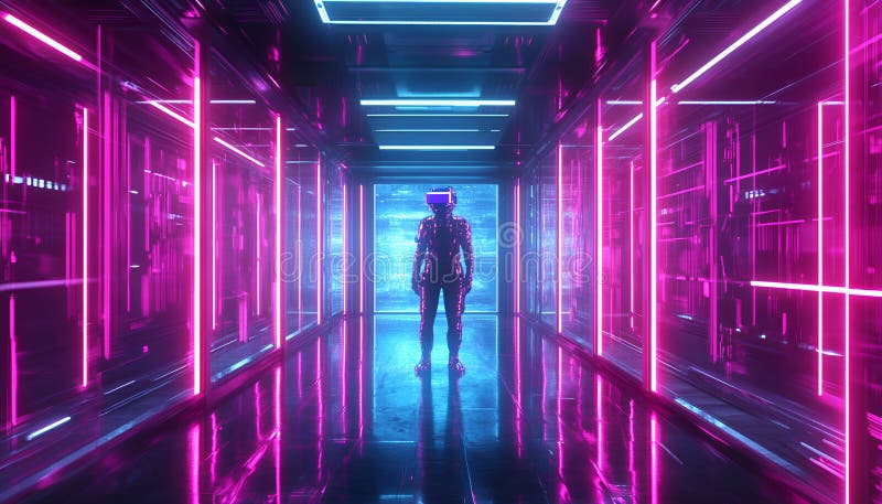 Futuristic Scientist in Protective Suit Wearing VR Headset in High-Tech ...