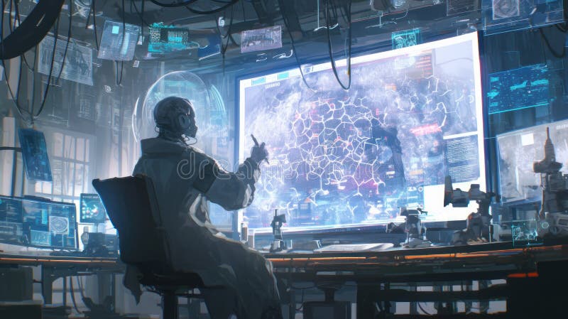 A Futuristic Scientist, Wearing a White Lab Coat, Sits at a Desk in a ...