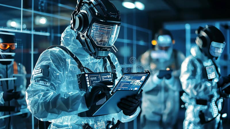 Futuristic Scientists in Protective Suits Using Tablets and Advanced ...